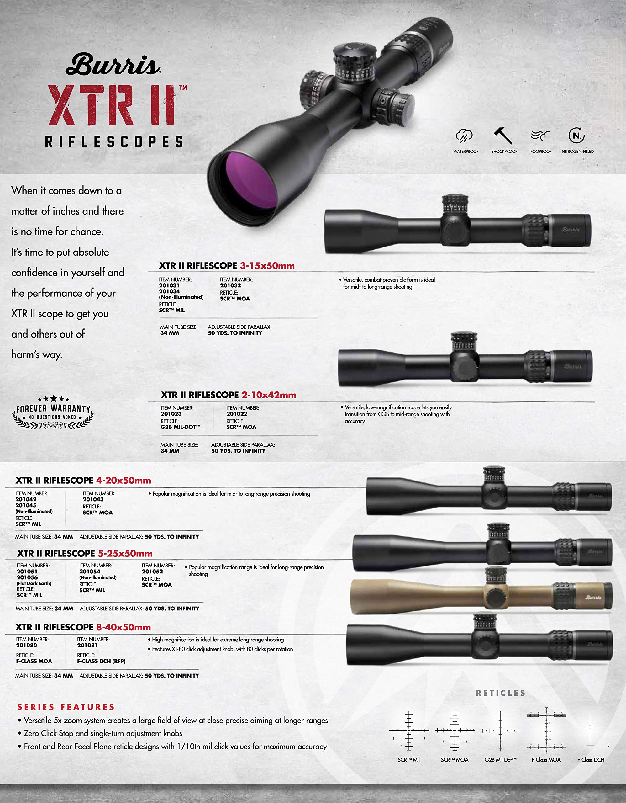 Burris Optics Xtreme Tactical XTR II Precision Rifle Scope with 5X Zoom and Zero Click Stop Adjustment, 3-15x50mm, Illuminated SCR Mil Reticle (XTRII)