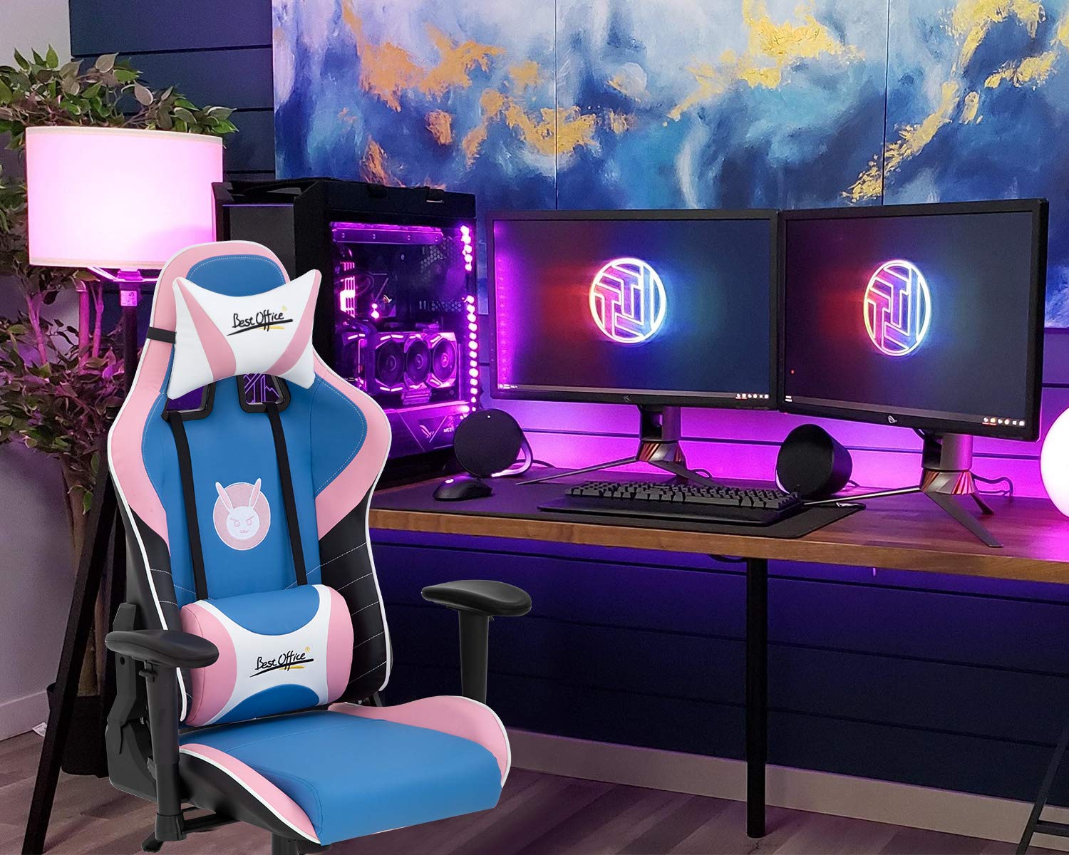 PC Gaming Chair Racing Office Chair E-Sports Computer Chair with Lumbar Support Adjustable Headrest 2D Armrest Rolling Swivel Game Chair Task Ergonomic PU Leather Desk Chair