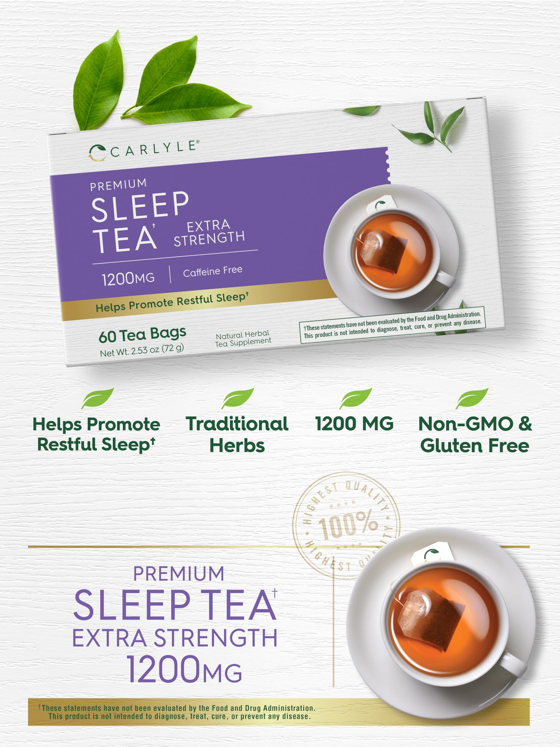 Carlyle Sleep Tea | 60 Tea Bags | Caffeine Free | Herbal Blend | Bedtime Tea | with Valerian Root | Helps Promote Restful Sleep | Vegetarian, Non-GMO, Gluten Free