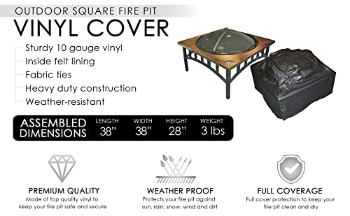 Fire Sense 02056 Outdoor Square Fire Pit Vinyl Cover Patio Heaters Heavy Duty 10 Gauge Felt Lined Water & Weather Resistant Fabric Ties - 38β x 38β - Square