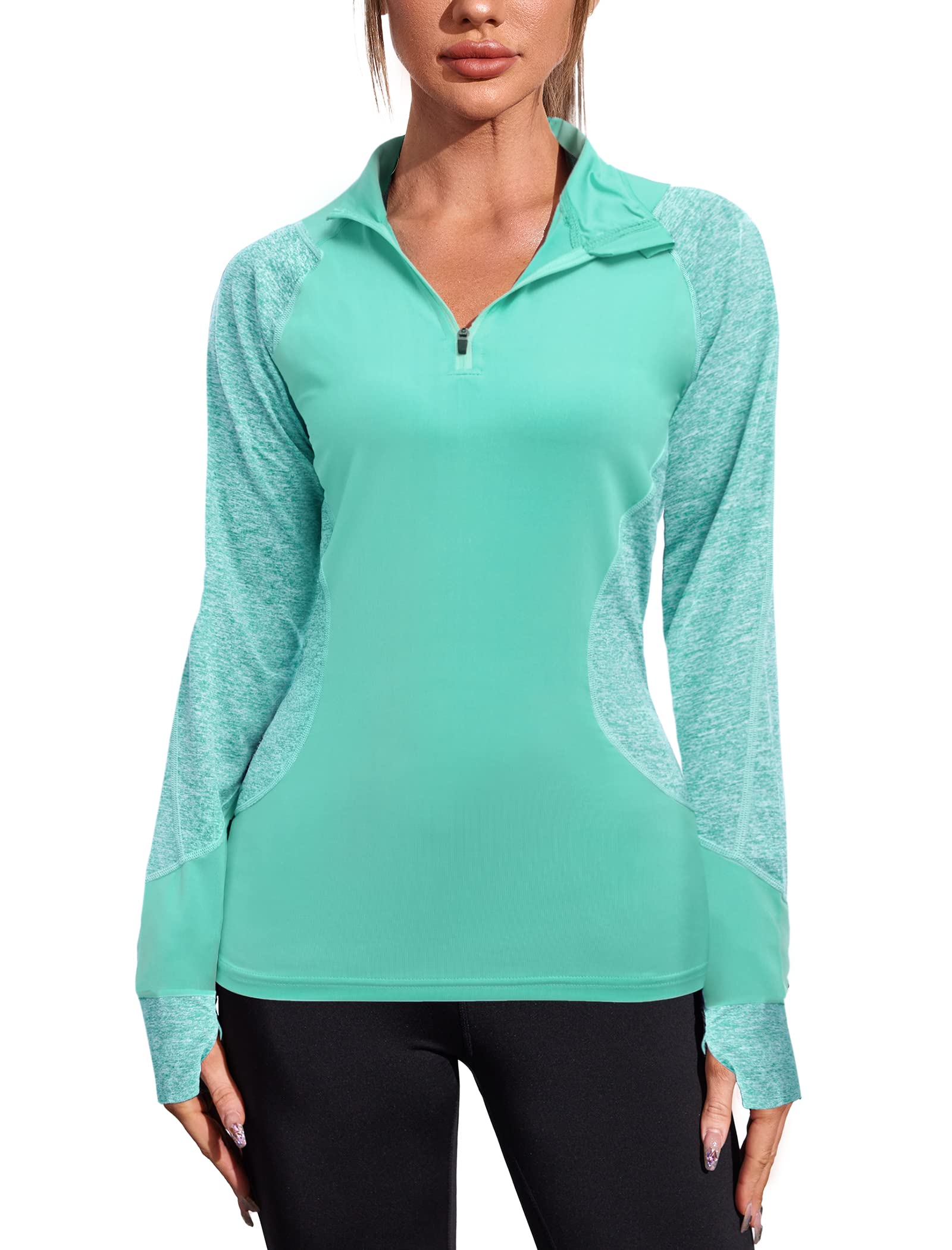 COOrun Women's Shirts Long Sleeve 1/4 Zip Pullover Athletic Hiking Running Workout Tops Quick Dry Shirt with Thumbhole Light Green Large