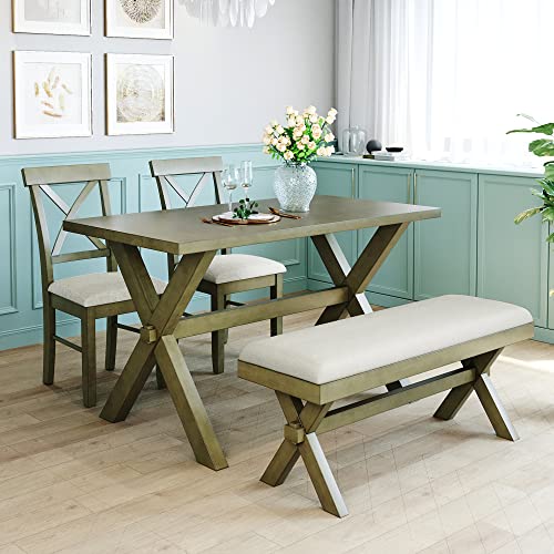 Harper & Bright Designs 4-Piece Wood Dining Table Set, Farmhouse Rustic Kitchen Dining Table with 2 Upholstered X-Back Chairs and Bench, Gray Green