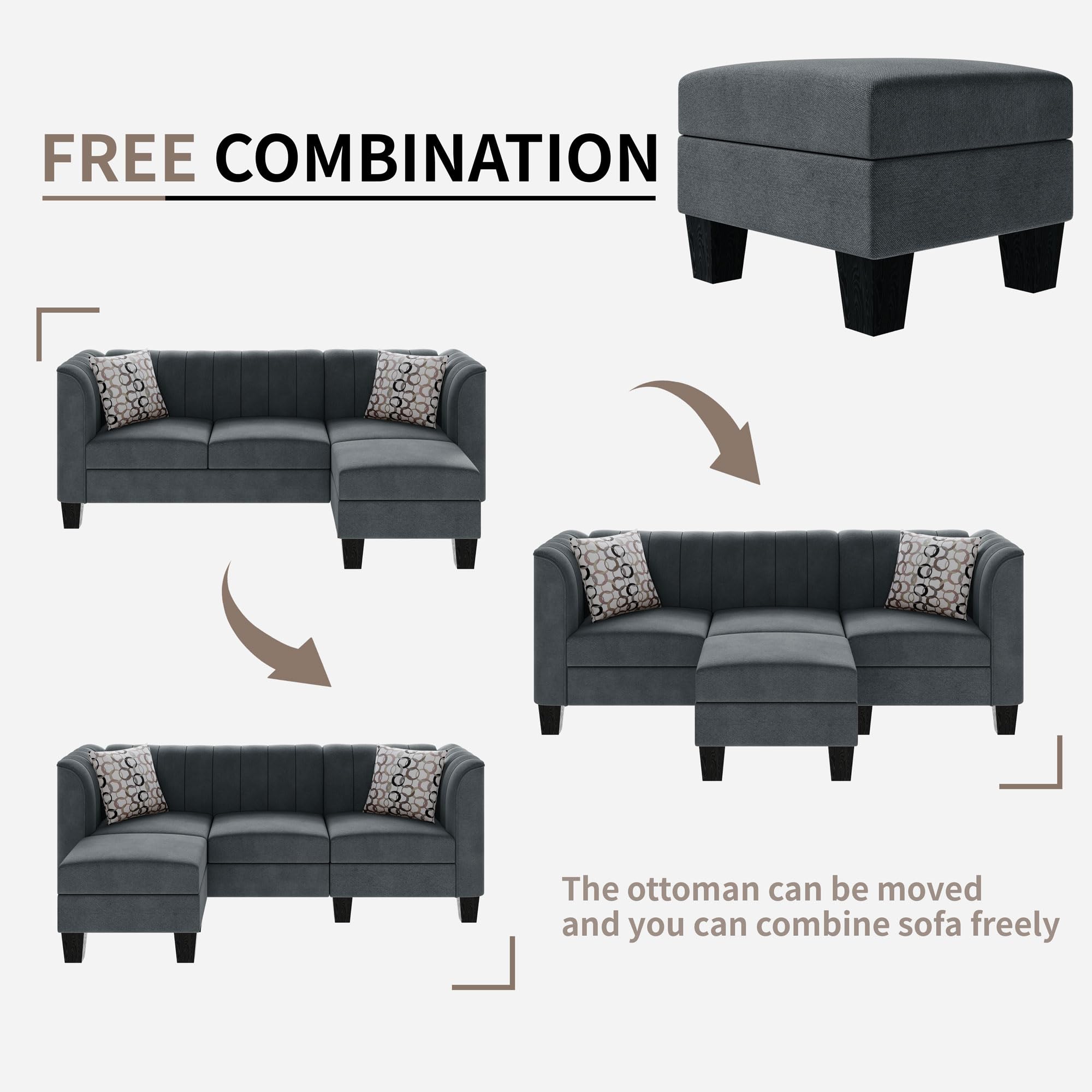 JAMFLY Sectional Sofa Couch for Living Room, Small 3-Seat L Shaped Couch with Linen Fabric, Convertible Sofa with Chaise Clearance Set for Small Space, Dark Grey