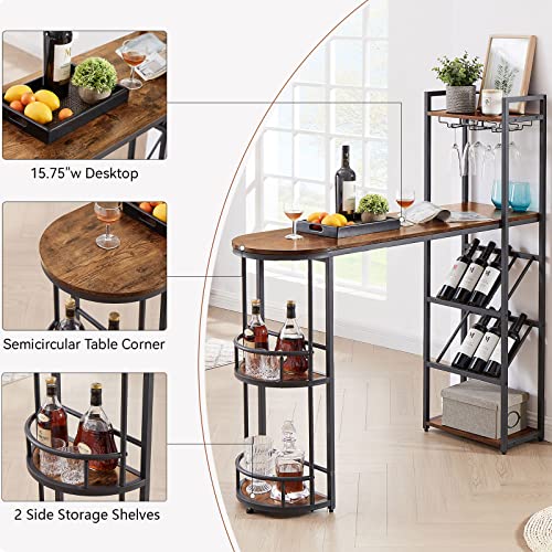 KIVENJAJA Bar Table with Wine Racks, Storage Shelves & Glass Holders, Industrial Small High Top Kitchen Table for 2, 36.4β Counter Height Dining Table Home Bar Unit, Rustic Brown and Black