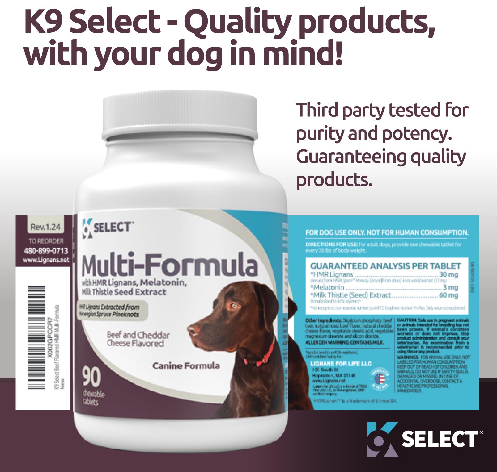 K9 Select Multi-Formula Dog Vitamins for Large Dogs - 30mg HMR Lignans, 3mg Melatonin, 60mg Milk Thistle - Helps Heart, Liver, Digestion, Skin & Coat Health, Dog Multivitamin, 90 Tablets, Beef Flavor