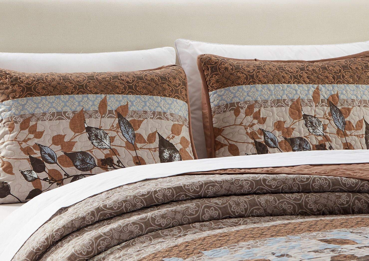 Kids Zone Home Linen Bedspread Set Brown Tan Sky Blue Leaves White New (Twin/Twin Extra Long)