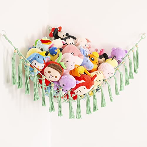 MAKEONEWO Stuffed Animal Toy Net Hammock -Handmade Large Macrame Toy Hammock Organizer Animal Display Corner Hanging Net Plush Toys Holder Boho Nursery Playroom Bedroom Kids Room Storage-Greenā¦