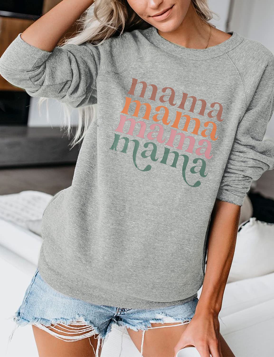 Blooming Jelly Women's Fall Oversized Mama Sweatshirt Crewneck Long Sleeve Tops Casual Letter Print Cute Shirts Pullover Top（Large,Grey