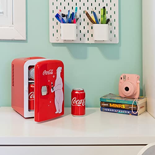 Coca-Cola 4L Portable Cooler/Warmer, Compact Personal-Travel-Fridge for Snacks Lunch Drinks Cosmetics, Includes 12V and AC Cords, Cute Desk Accessory for Home Office Dorm , Red, Polar Bear