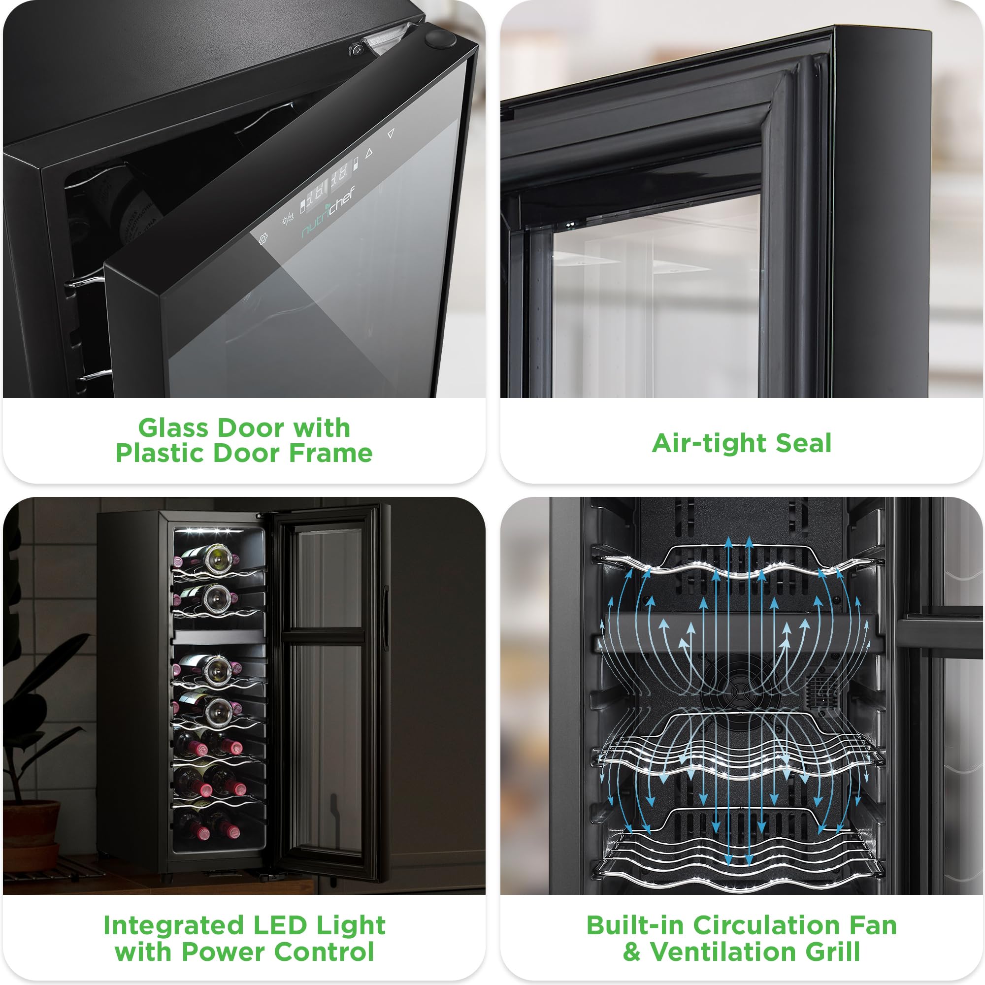 NutriChef PKCWCDS182 18 Bottle Fridge | Dual Zone Chiller | Adjustable Temperature 41°F to 64°F | Ultra Quiet Operation | Wine Cooler for Home, & Office | Free Standing 32x11x26 in (Black)
