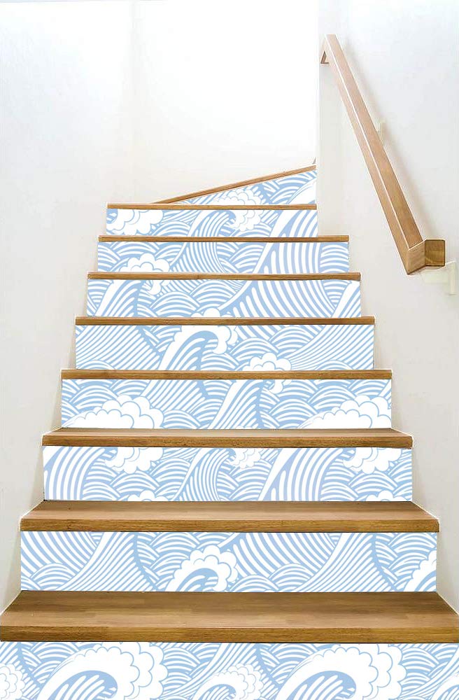 Blooming Wall CPS030 Peel&Stick Handpainting Seamless Blue White Waves Sea Sprays Self-Adhesive Prepasted Wallpaper Wall Mural (17.7“x118”)