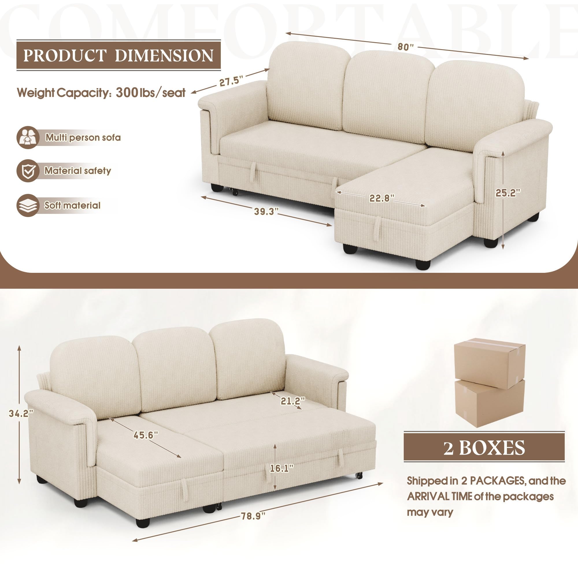 Furmax Sofa Bed Pull Out Couch with Side Storage Pockets L-Shaped Sleeper Sofa with Storage Chaise Sectional Couches for Living Room, Small Apartments (Corduroy, Beige)
