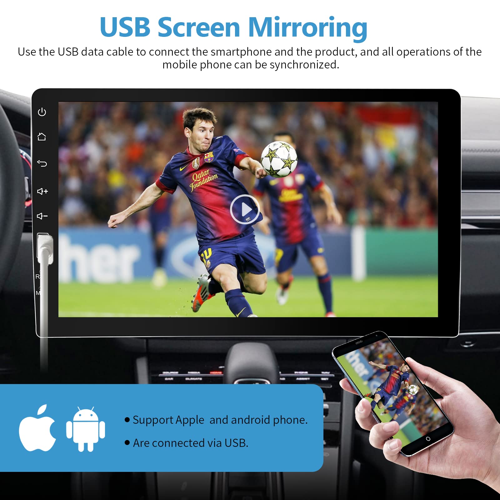 Single Din Car Stereo Support Carplay & Android Auto 9'' Touch Screen Car Audio EQ Multimedia Player Built-in Mirror Link USB Bluetooth Handsfree Call with FM/AM Radio Receiver Rear View Camera SWC