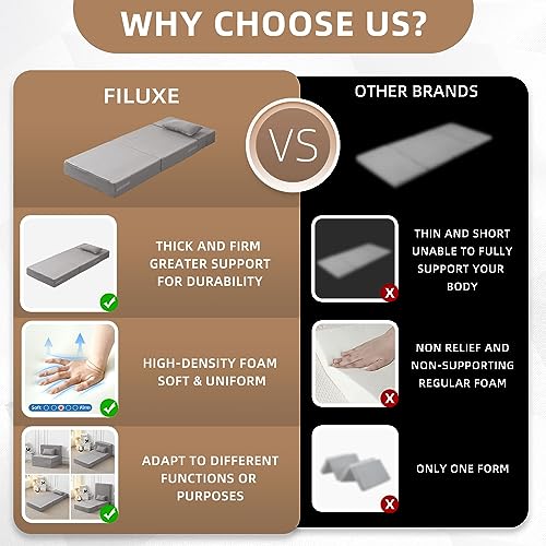 FILUXE Convertible Folding Sofa Bed - Sleeper Chair with Pillow, Modern Linen Fabric Floor& Futon Couch, Foldable Mattress for Living Room/Dorm/Guest Use/Home Office/Apartment, Single Size, Light Grey