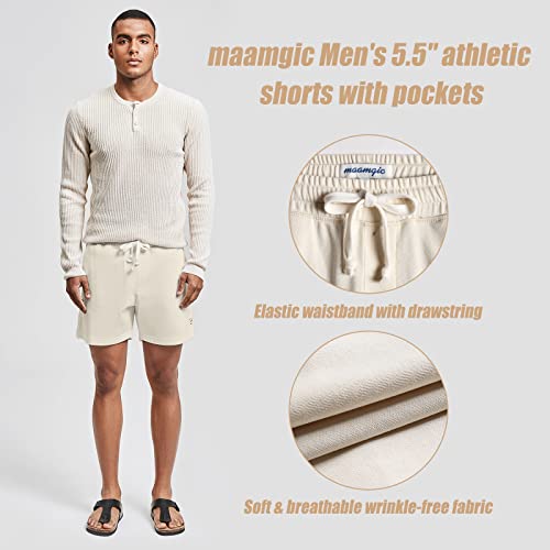maamgic Mens Athletic Gym Shorts 5.5" Elastic Waist Casual Pajama Pocket Jogger Men Workout Short Pants Ivory