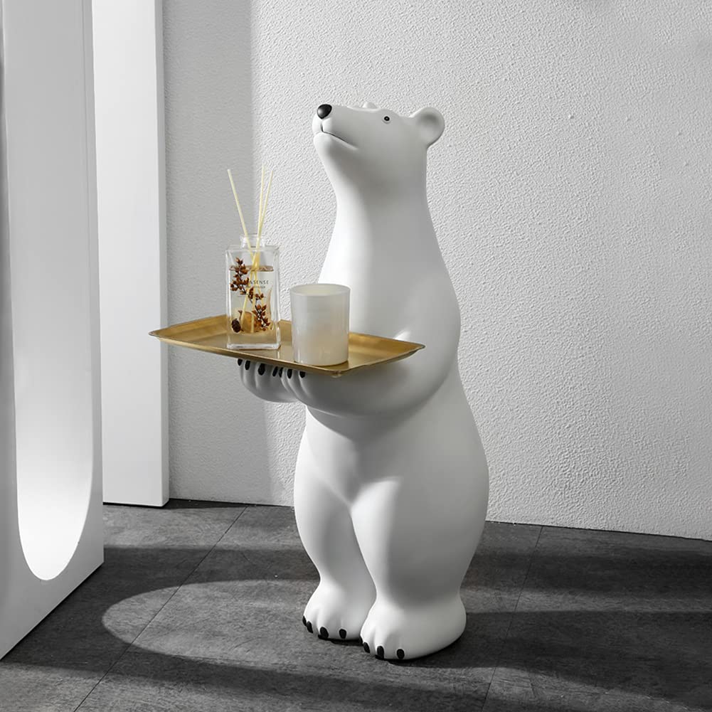 Pearlead Resin Polar Bear Sculpture with Metal Tray Animal Figurine Ornament Standing Statue Candy Dish Decorative Tray for Keys Home Office Hotel Decoration Holding