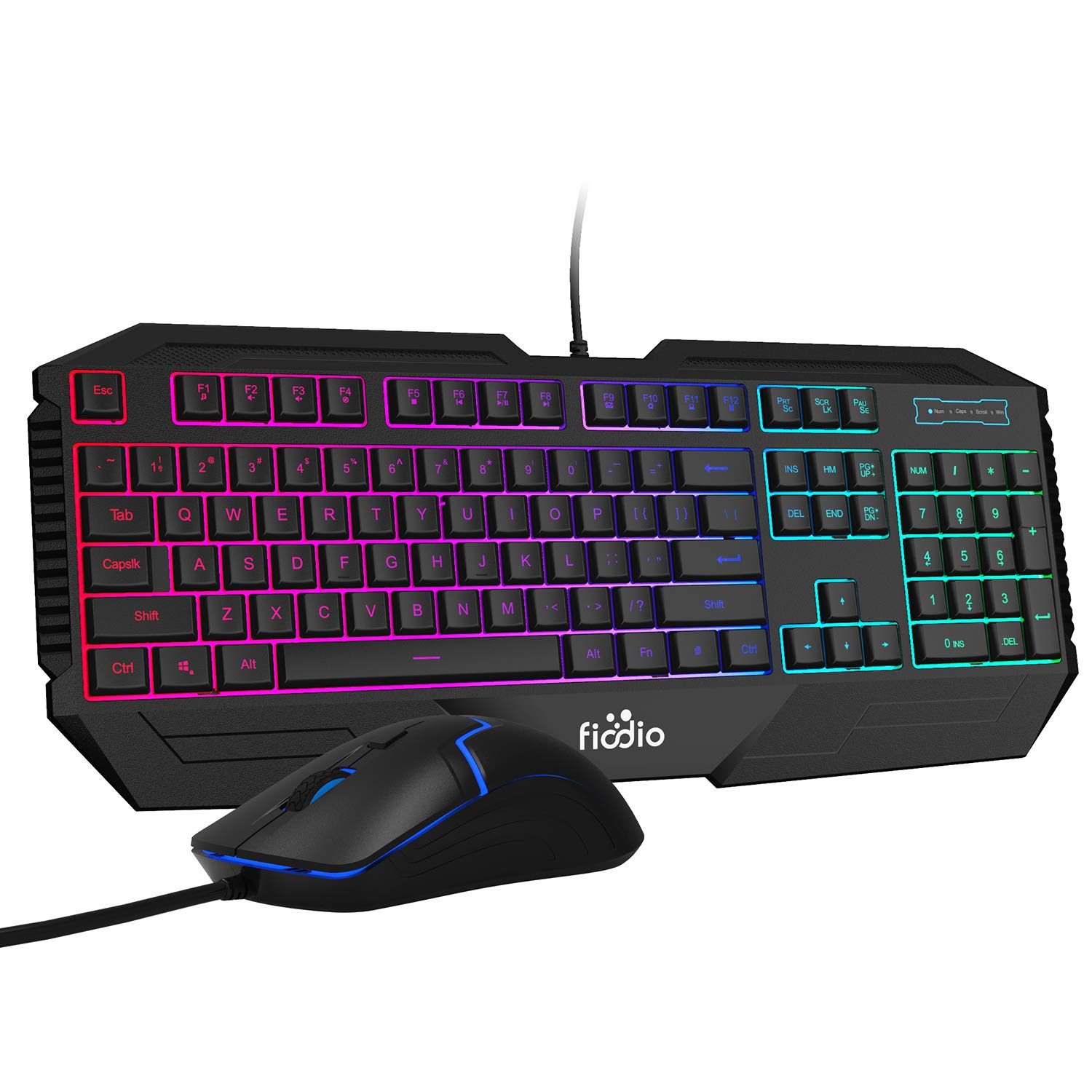 Fiodio Rainbow Wired Gaming Computer Keyboard and Mouse Combo, Ergonomic Keyboards with Wrist Rest, 104 Multimedia Keys, 1600 DPI Gamer Mouse for Windows PC and Desktop