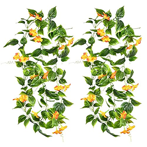 WSND 90 Inch Artificial Morning Glory Flower Vines,2PCS Flowers Hanging Green Plants Silk Garland Greenery Garland Morning Glory for Wedding Garden Wall Fence Home Decor