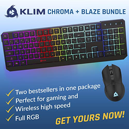 KLIM Blaze & Chroma Wireless Bundle - New 2023 - Wireless Gaming Keyboard and Mouse Combo - Responsive Durable Ergonomic - Backlit Keyboard - RGB Gaming Mouse Wireless - Long-Lasting Built-in Battery