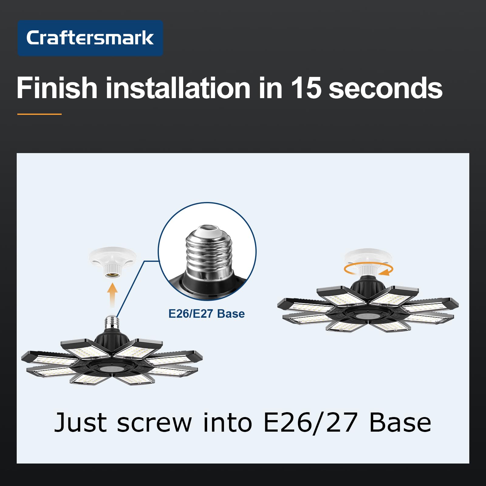 Craftersmark 2 - Pack LED Garage Lights 250W - 6500K Garage Lights Ceiling LED, 25000LM Deformable LED Garage Lighting Fixture, Shop Lights for Garage, Basement, Barn, High Bay Light