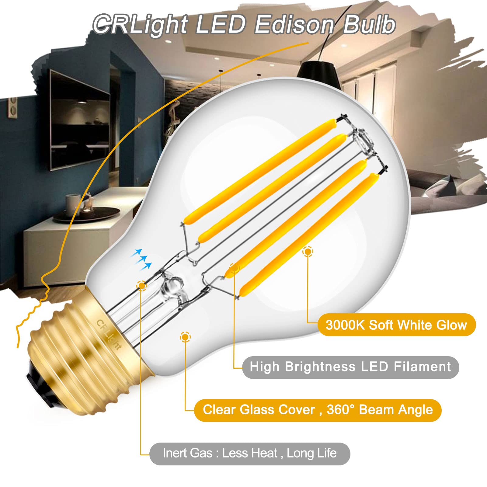 CRLight Smooth Dimming Version, 5W A19 / A60 LED Edison Bulb 3000K Soft White, Dimmable 50W Equivalent 500LM, E26 Medium Base Antique Style Clear Glass Lengthened Filament LED Light Bulbs, 6 Pack