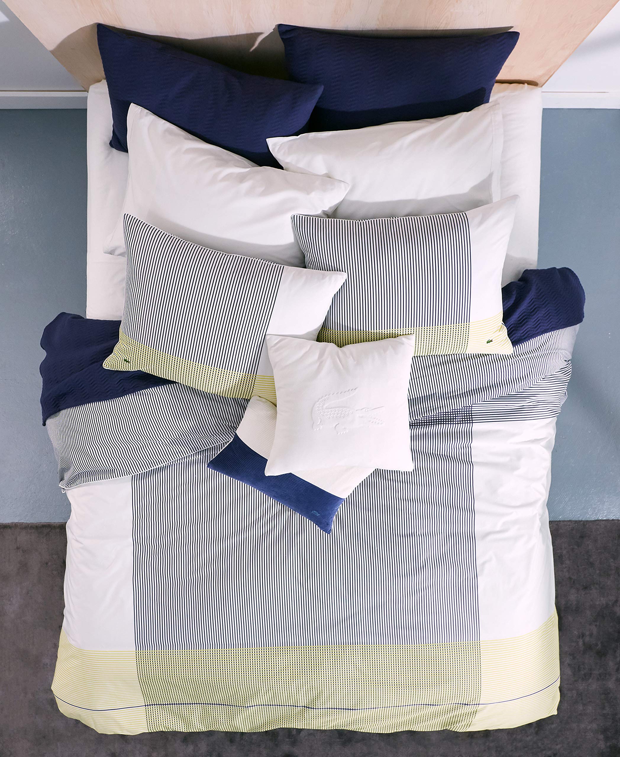 Lacoste Backspin 2- Piece Reversible 100% Cotton Striped Duvet Cover & Sham Set, Twin/Twin XL, Ivory/Blue/Yellow