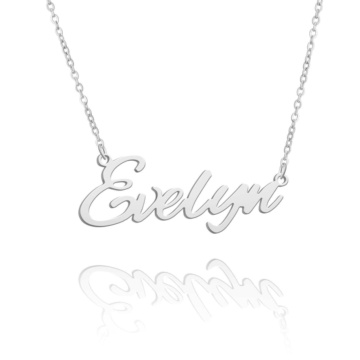 BUREI Name Necklace Personalized Gold Plated friendship Jewelry Women Gift for Her (Evelyn-silver pendant)
