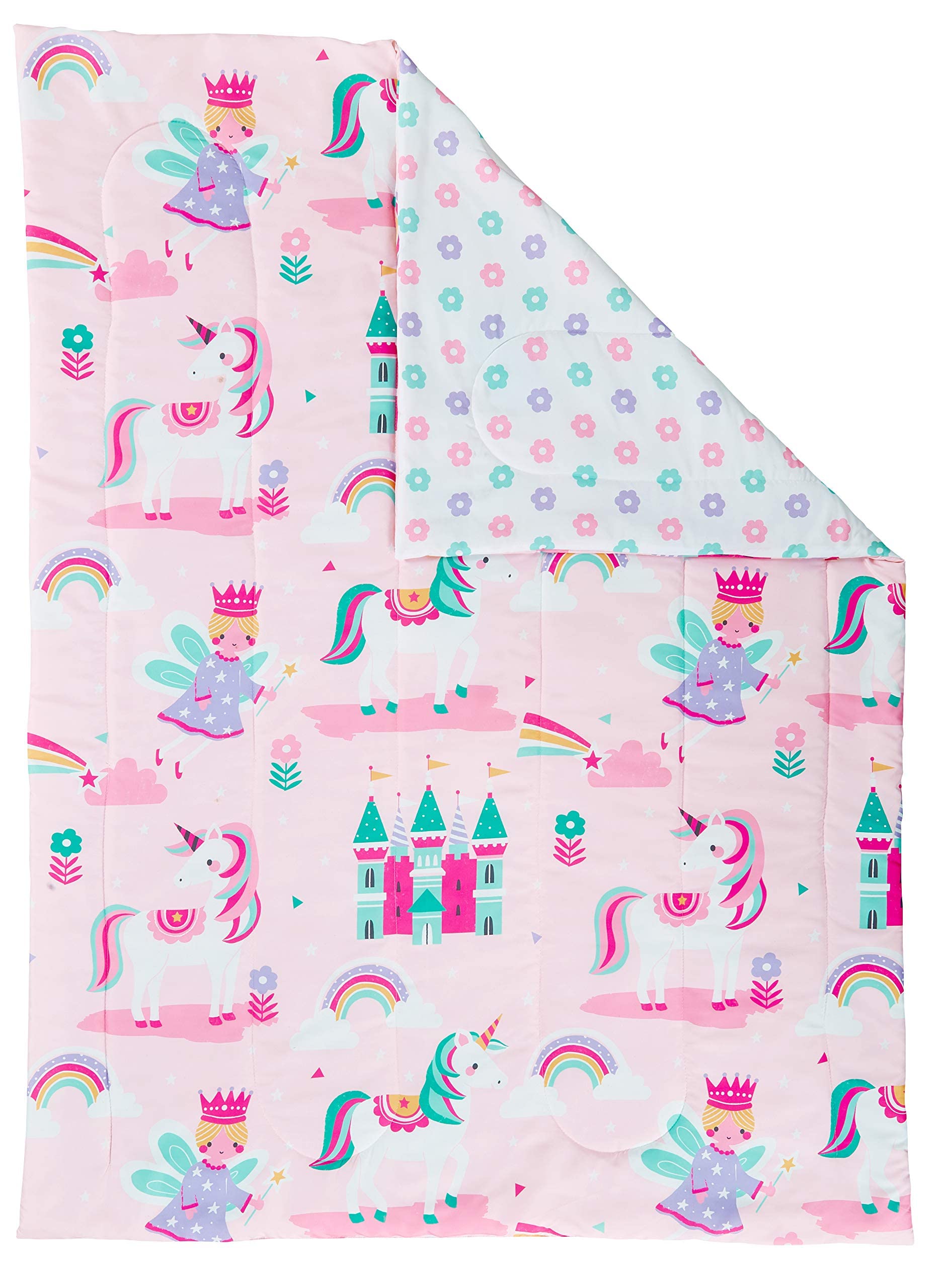 Bloomsbury Mill - 4 Piece Toddler Comforter Set - Magic Unicorn, Fairy Princess & Enchanted Castle - Pink - Kids Bedding Set
