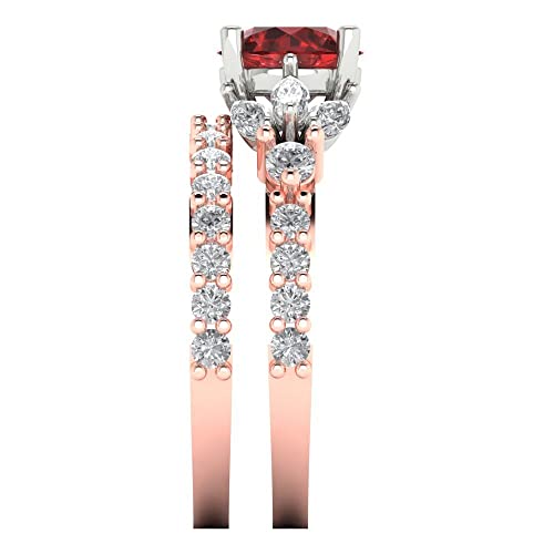 Clara Pucci 2.82ct Round cut Solitaire 3 stone Natural Red Garnet Designer Art Deco Statement Wedding Ring Band Set 18K Rose White Gold 6