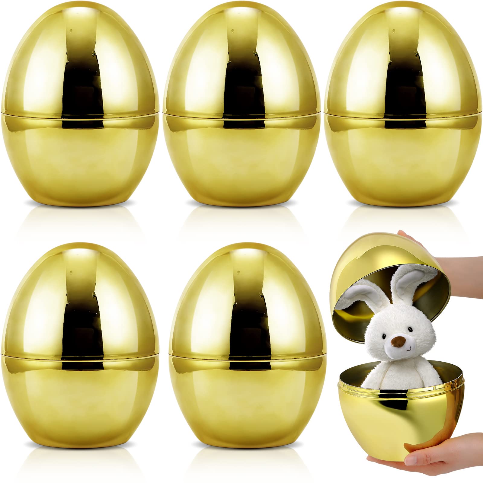 Deekin 6 Pcs Jumbo Gold Easter Egg Empty Fillable Plastic Egg Large Egg for Party Favor Easter Hunt Decoration Goodie Basket Prize Birthday Carnival Classroom Reward, 7.9 x 6.1 x 6.1''(Golden)