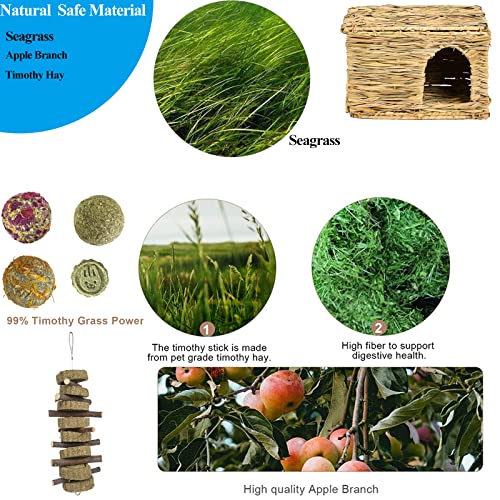 Extra Large House for Rabbits, Hand Crafted Natural Grass Bed Hideaway Hut with Chew Toys for Play Sleep Bunny Guinea Pig Chinchilla Ferret