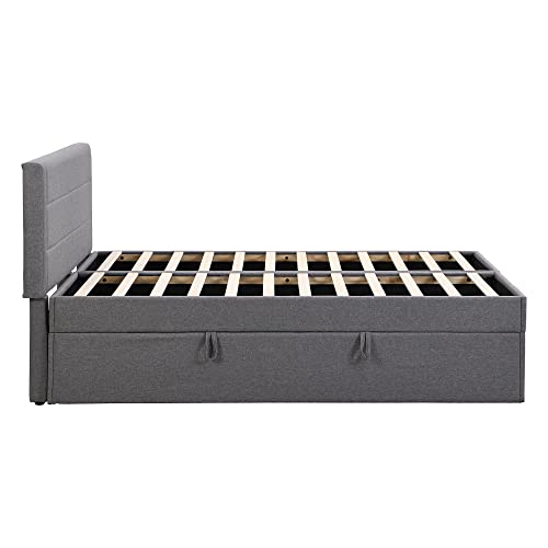 BOVZA Queen Size Upholstered Platform Bed Frame with Headboard and Storage Underneath, Space Saving, Gray