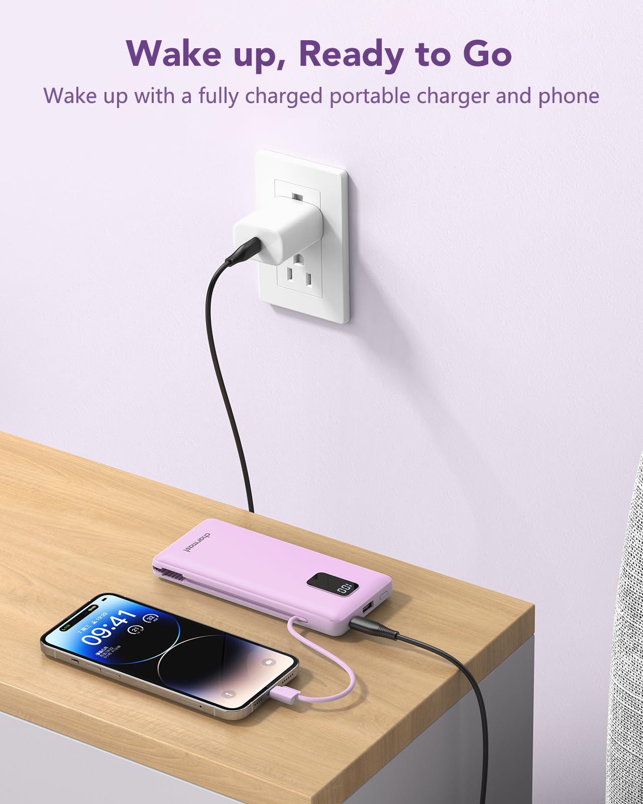 Charmast Portable Charger with Built-in Cables and AC Wall Plug, 10000mAh Ultra Slim Power Bank, External Battery Pack, Travel Accessories Compatible with iPhone 14/13, Samsung Galaxy, etc