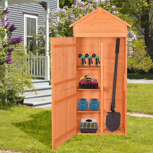 Outdoor Storage Shed, Wooden Garden Storage Cabinet with Lockable Doors, Utility Tool Organizer with 3 Shelves, Waterproof Outside Tool Shed for Patio Garden Backyard Lawn (Natural)