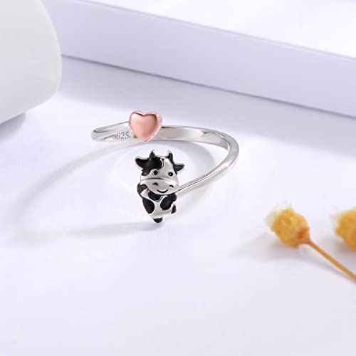 Dairy Cows Adjustable Ring 925 Sterling Silver Cow Jewelry Gifts for Cow Lovers Women
