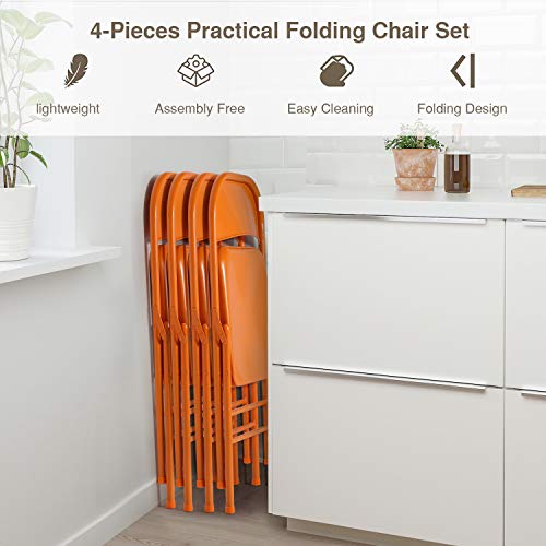 VECELO Metal Frame Folding Hold Up to 350 Pounds, Mounted Steel Chairs with Triple Braced & Double Hinged Back for Home Office, Set of 4, Orange