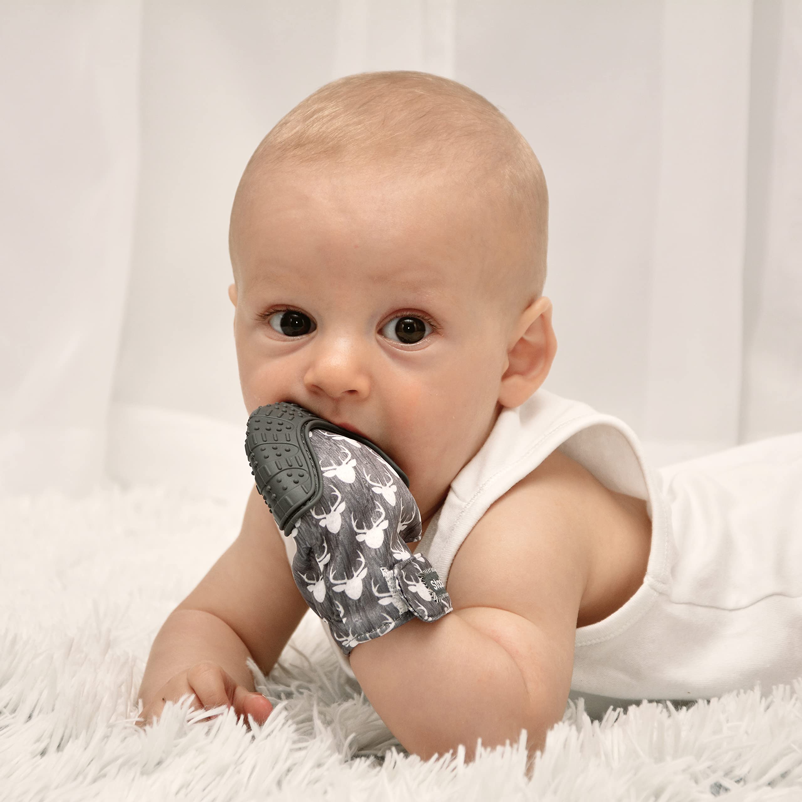 Stadela Baby Soothing Teething Mittens, Food Grade Silicone Teether Toy with Travel Bag for Boy, 2 pcs, Woodland Forest Deer Buffalo Plaid (Lumberjack)