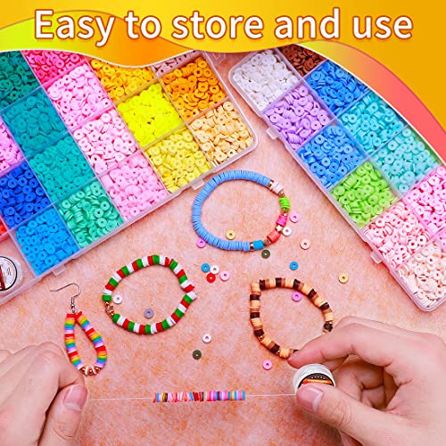 Bundooraking Clay Beads,6000+pcs Multicolor Polymer Clay Beads for Jewelry Making, Heishi Beads, Elastic Strings, Clay Beads for Bracelet Making - Perfect Crafts Beads Set.