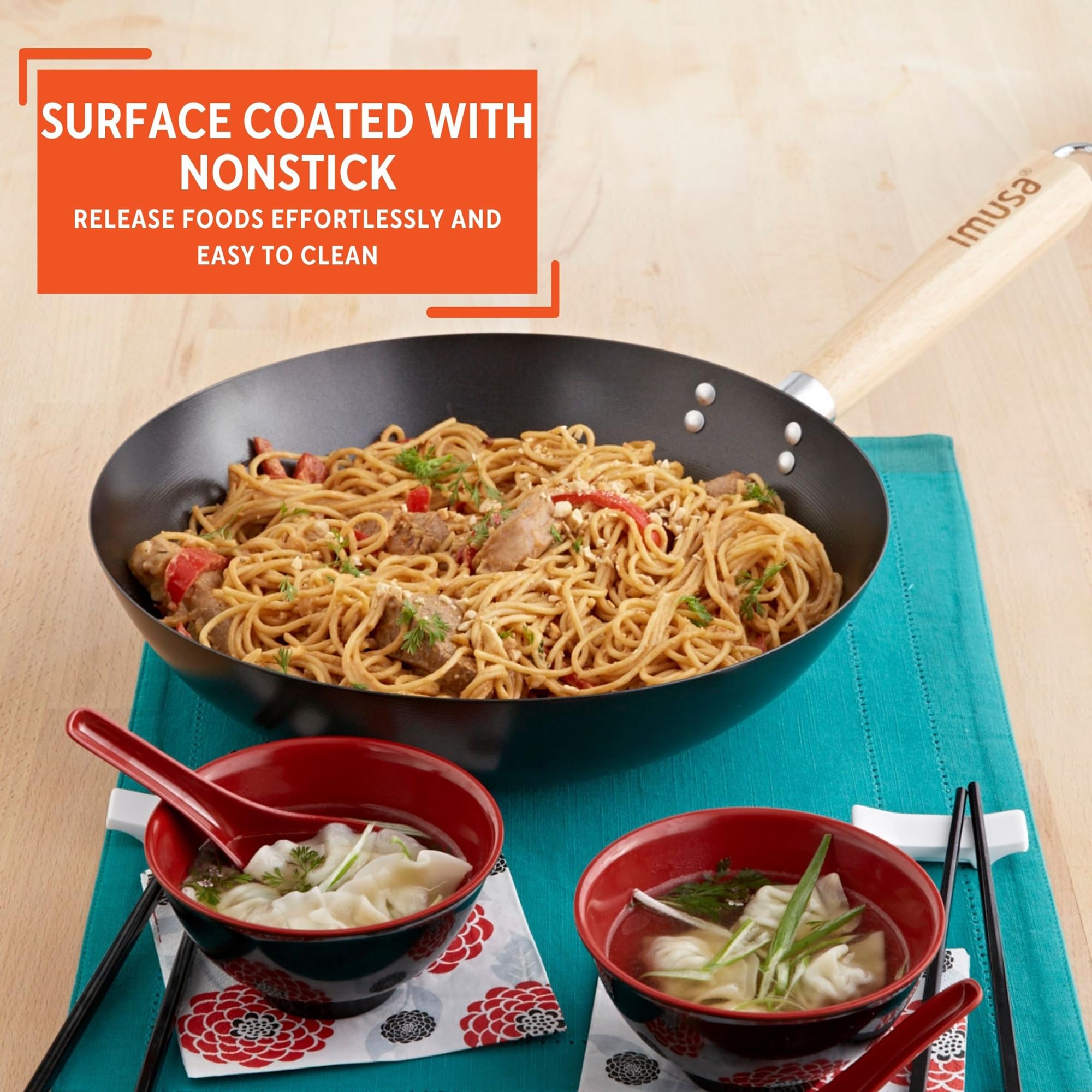 IMUSA USA IMU-52005 Nonstick Wok with Wood Handle 11-Inch