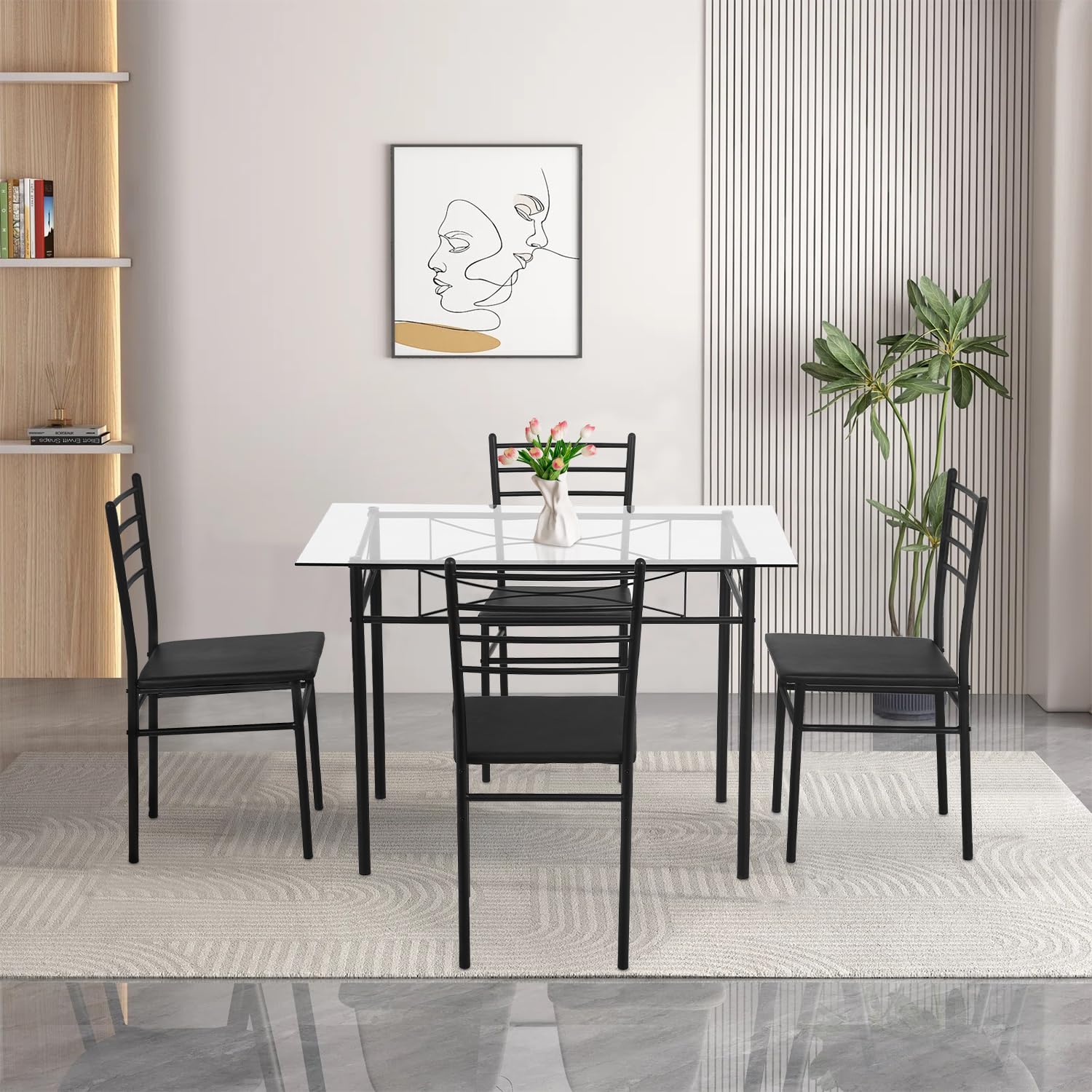 FDW Classic Dining Table Set 5 Piece,Metal Frame Glass Top Table and 4 Rectangular Modern Chairs Set,Suitable Small Space Kitchen Table Set for 4,Black