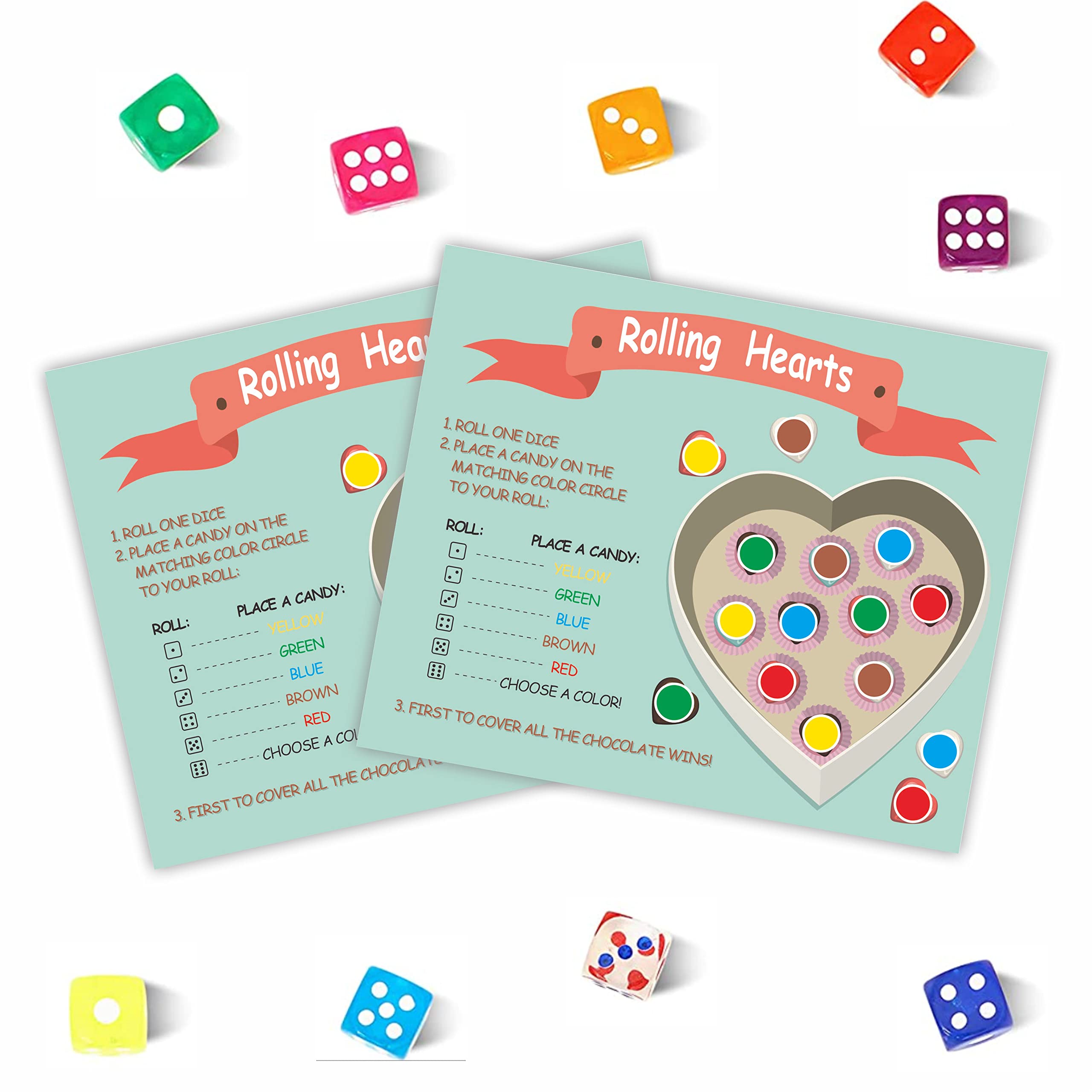 DYIRBIIY 5" x 6" Easter Party Kids Table Game | Rolling Hearts Roll The Dice Game| Easter Dice Game for Kids | 20 Play Cards 20 Colored Dices -TZYX-A02