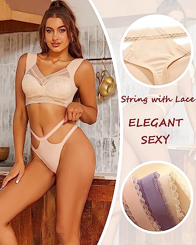 FINETOO Seamless Thongs for Women High Waisted Underwear G String Sexy Tangas Invisible Panties Lace Trim No Show 6 Pack S-XL