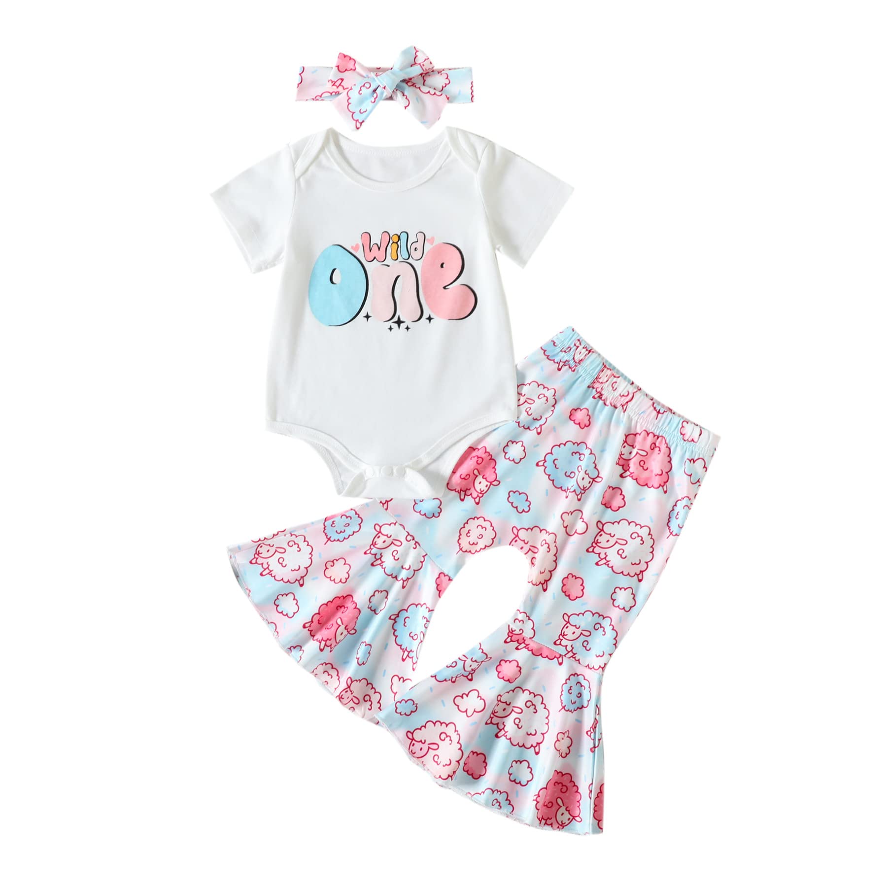 Cacacece Newborn Baby Girl Outfits Clothes Infant Short Sleeve Romper Flared Pants Headband Set 3pcs 6-12 Months