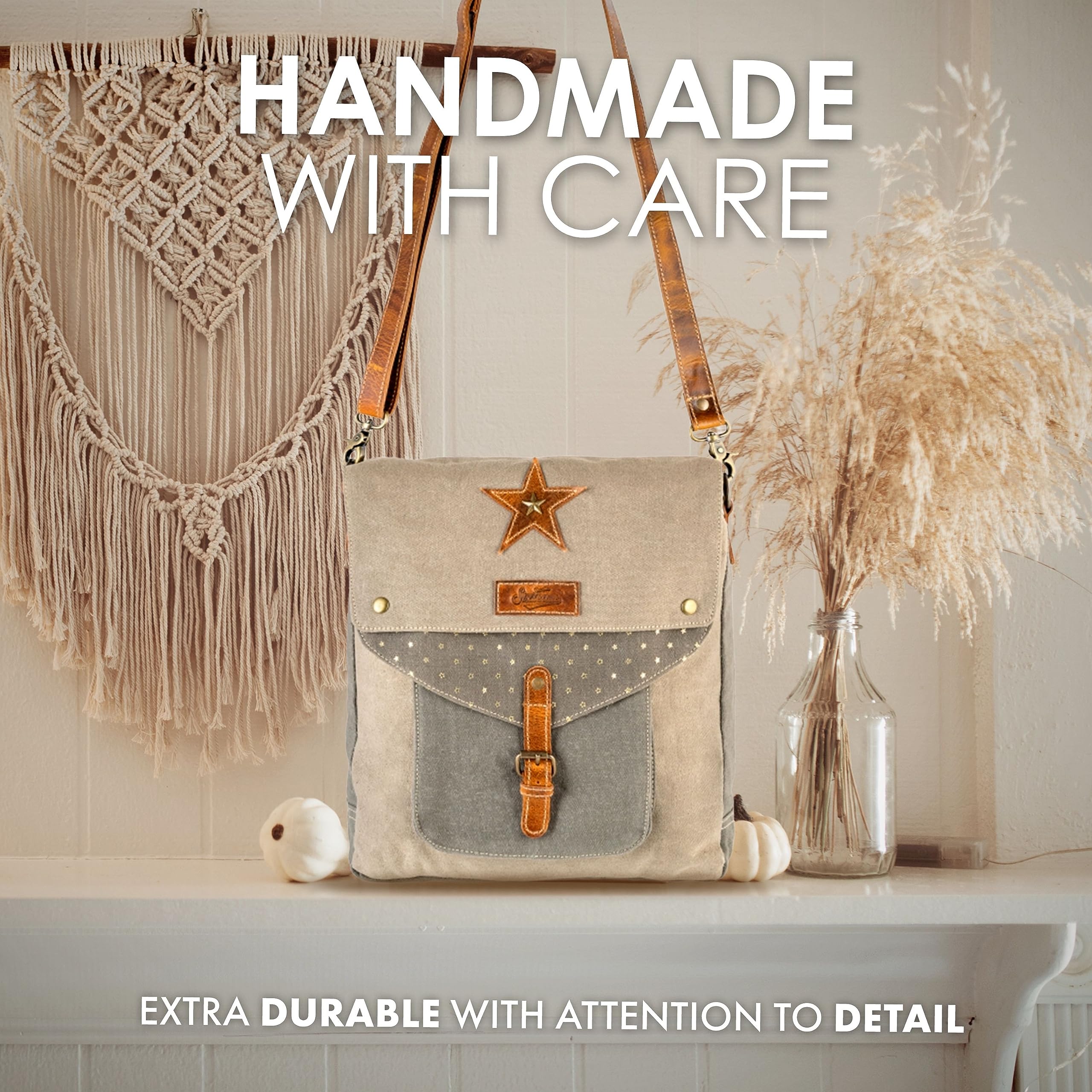 SIXTEASE Womens Shoulder Bag Vintage Style Shoulder Bags for Women - Made with Genuine Leather, Upcycled Canvas, or Hair On - Handmade, Adjustable Strap, Brass and Zinc Hardware - Miranda