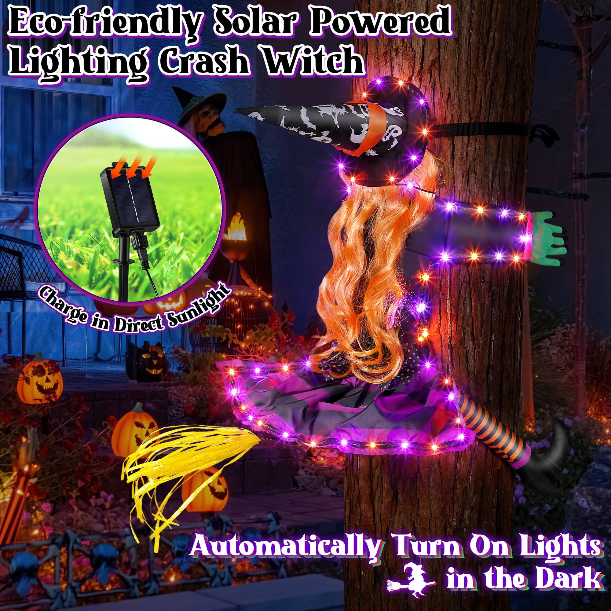 Crashing Witch into Tree Halloween Decorations (43 Inch Tall), Large Crashed Witch Sewed with Solar String Lights for Outdoor Porch Garden Patio Pathway Party Halloween Decor (Orange)