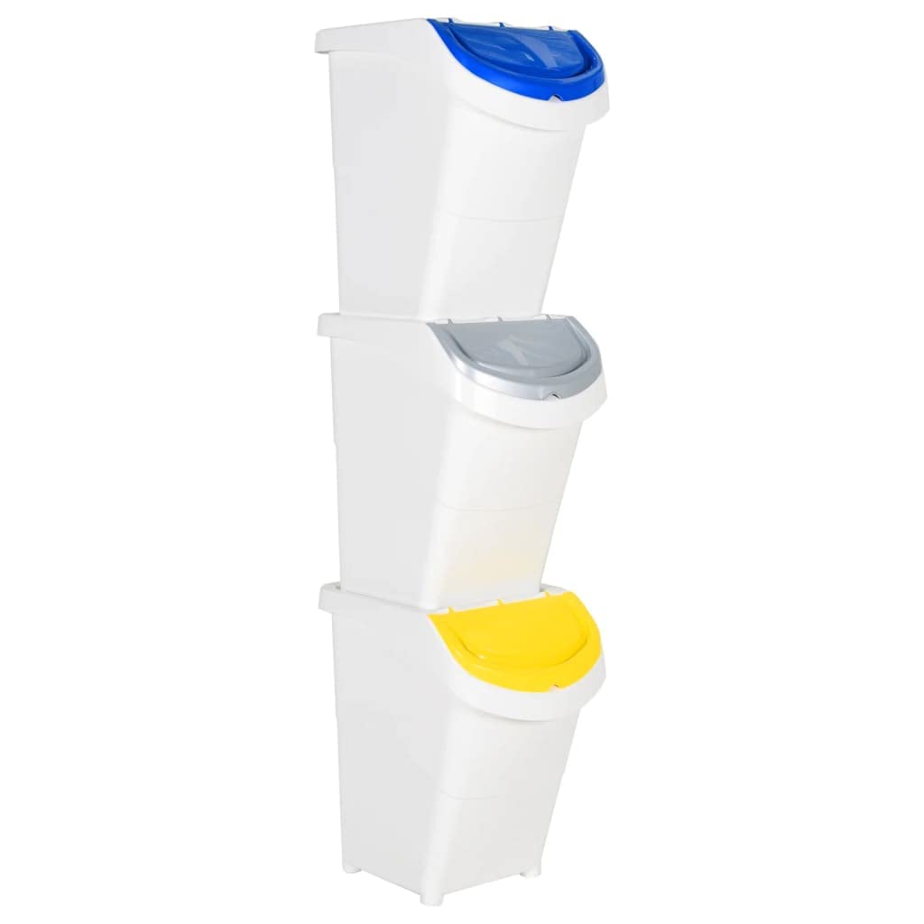 vidaXL 3-Piece Stackable Waste Bins with Detachable Lids, White Polypropylene, 31.7 Gal Total Capacity, Easy Cleaning, Lightweight and Impact-Resistant