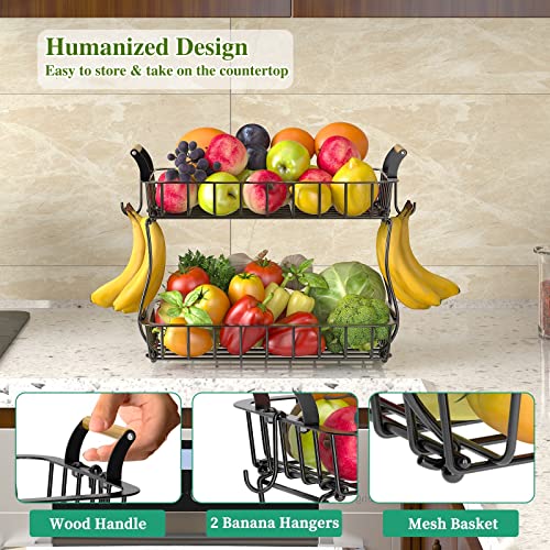 OKZEST 2 Tier Fruit Basket with 2 Banana Hangers, Vegetable Fruit Basket Bowl for Kitchen Countertop, Metal Fruit Storage Stand Holder Organizer for Bread Snack Potato Onion Produce