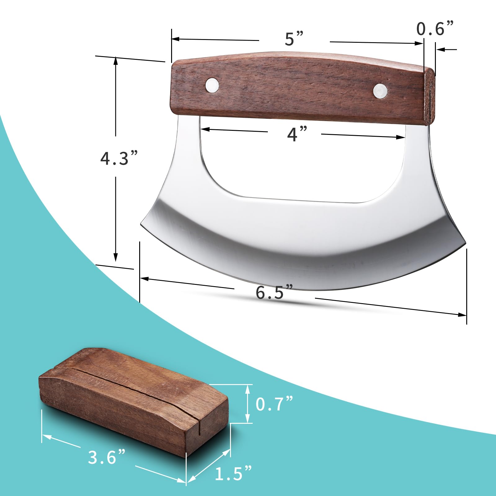 Coowolf Ulu Knife Alaska Pizza Cutter Rocker Knife Mezzaluna Knife with Base, Classic Walnutwood and Sharp Stainless Steel Blades, Ideal for Chopping Herbs or Salads- Essential Kitchen Knives