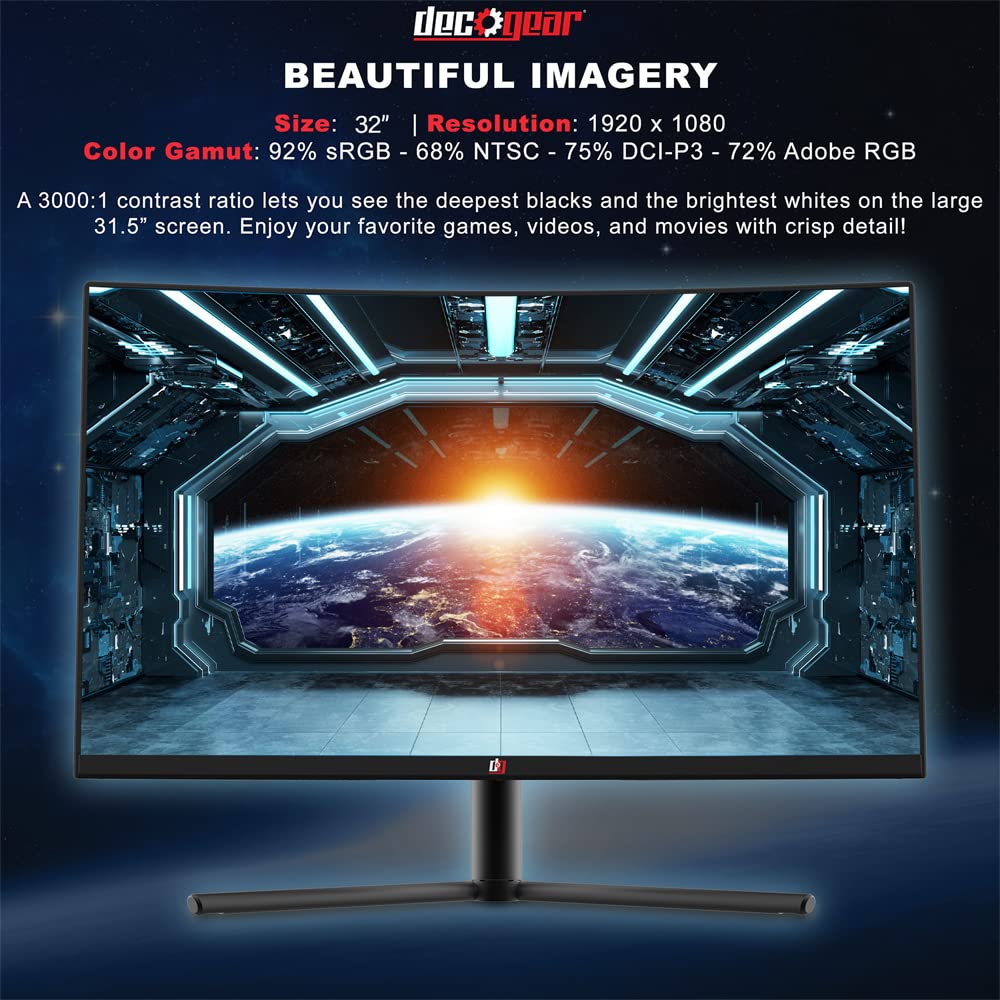 Deco Gear VIEW32AP 32 inch 1920x1080 Curved Gaming Monitor 3000:1 Contrast 75 Hz 6ms Refresh Rate (Renewed)