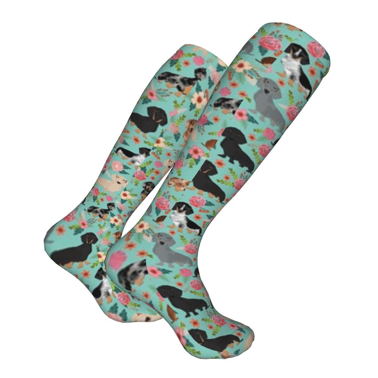 chegna Dachshunds Florals Compression Socks for Women & Men Circulation 15-20 mmHg is Best Support for Athletic Running Cycling, White, 10463